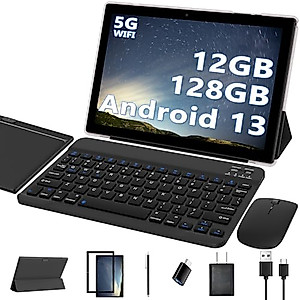 BYANDBY Android 13 Tablet 10 Inch，2 in 1 Tablet with Keyboard 12GB+128GB+512GB Expandable 5G WiFi 6,IPS Touch, Dual Camera Computer Tablets with Case (Black)