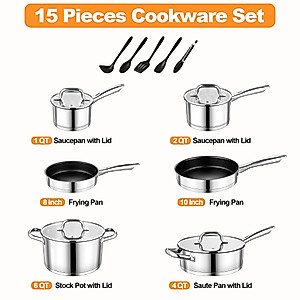 LIANYU 15Pcs Stainless Steel Cookware Set, Pots and Pans Set with Utensils, Kitchen Cooking Set Included Frying Pans, Saucepans, Saute Pan and Stock Pot, Works with All Stoves, Dishwasher & Oven Safe