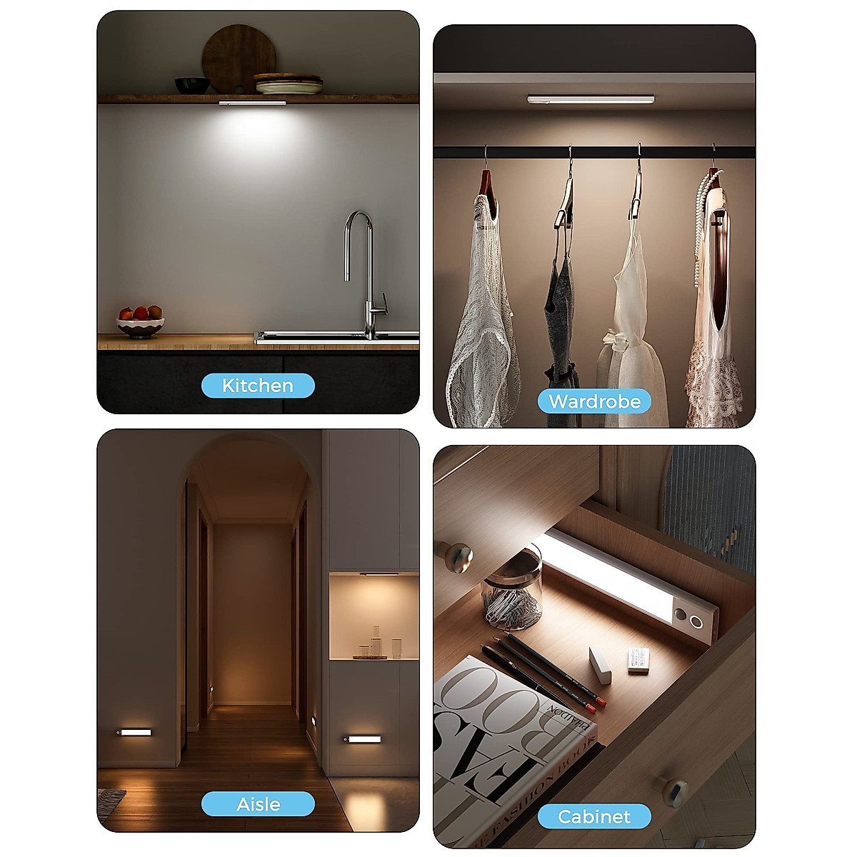 LED Under Cabinet Lighting Wireless,1500mAh USB-C Rechargeable LED Motion Sensor Light Indoor Closet Lights Motion Sensored Under Counter Lights for Kitchen Lights Under Cabinet(White,9.8inch)