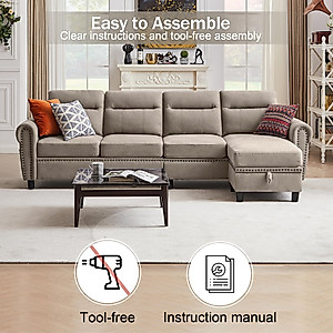 Jarenie 107" Convertible Sectional Sofa, 4-Seat L Shaped Couch with Storage Chaise and Side Pocket, Modern Linen Fabric Sectional Couches for Living Room, Beige