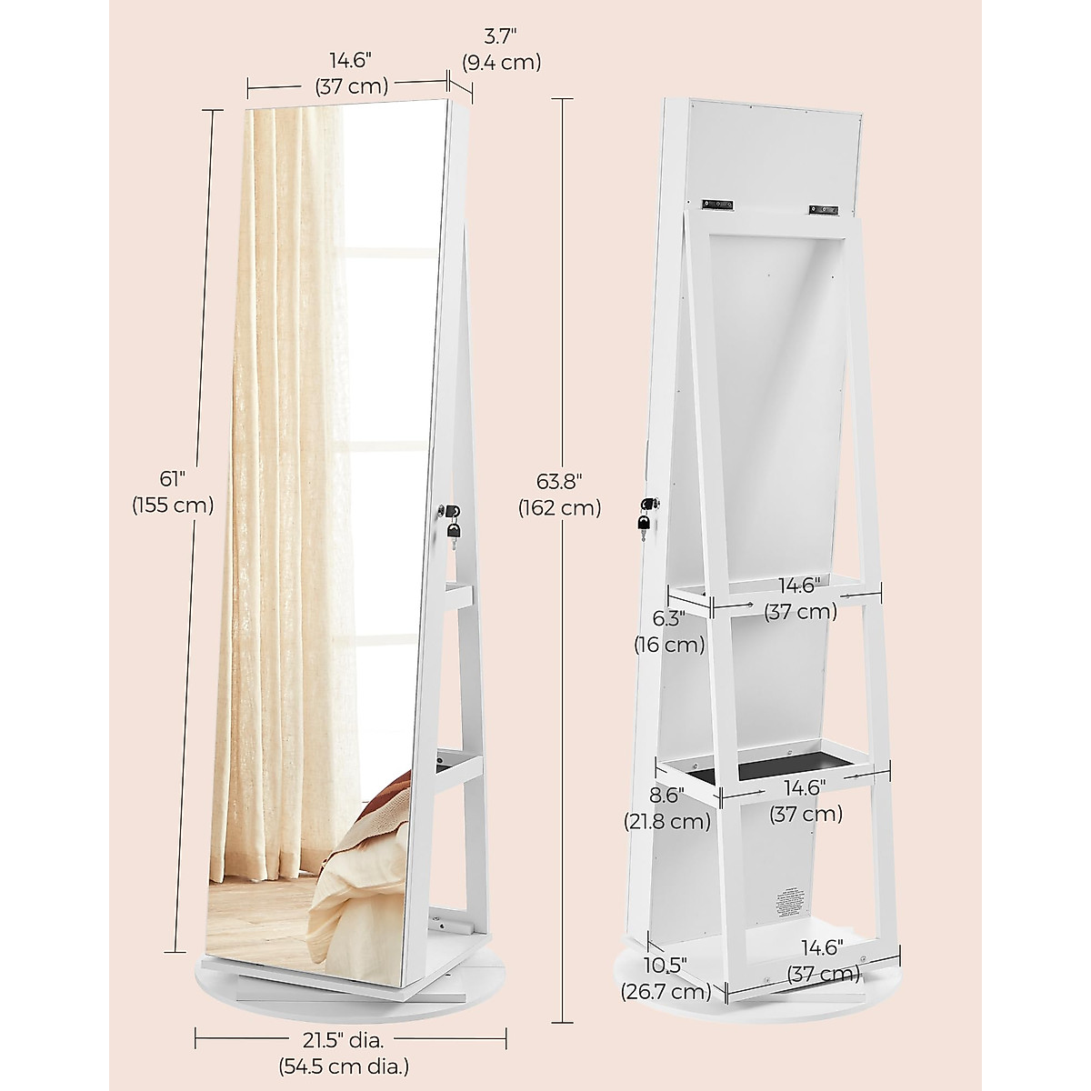 SONGMICS 6 LEDs Lockable Mirror Jewelry Cabinet, 360° Swivel Jewelry Organizer, Standing Jewelry Armoire, Frameless Full-Length Mirror, 3 Storage Shelves,Christmas Gifts, White Surface,