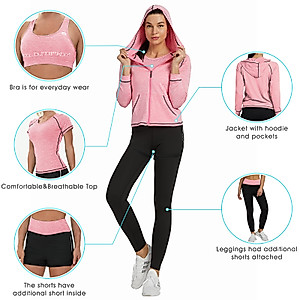 Workout Outfit Set for Women 5 Pieces Yoga Exercise Clothes with Sport Bra Shorts Leggings Shirt Jacket Athletic(Pink, L)