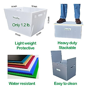 ReusePac Reusable Foldable Box Corrugated PP Lightweight, Storage Moving, Heavy Duty Stackable, Tape Free Self-Locking Lid for Business Home In/Outdoors (16x12x08 in, Gray 4 Pack)