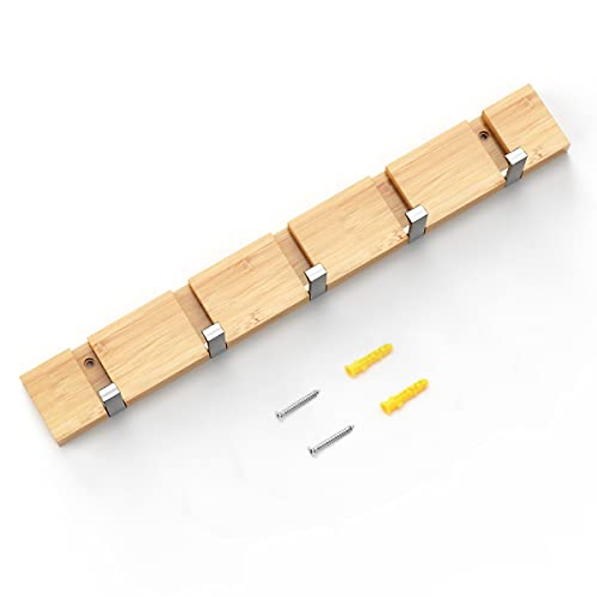 Anjuer Coat Hanger Wall Mounted Clothes Rack 5 Retractable Hooks Heavy Duty Clothes Hat Holder Bamboo Board Silver Hooks