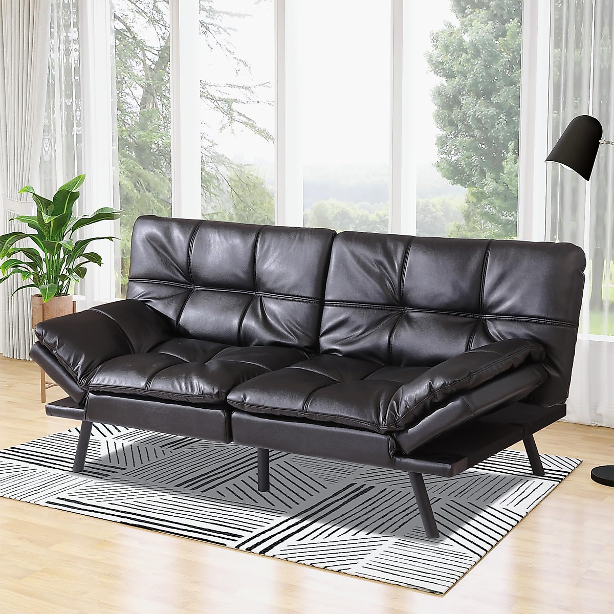 MUUEGM Futon Sofa Bed Memory Foam Convertible Couch Sleeper,Modern Faux Leather Love Seat for Living Room Small Space Apartment Office,Adjustable Backrest Armrest,71" Sofabed, Black-New