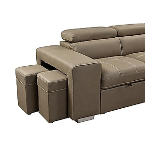 THSUPER 104'' Sectional Sleeper Sofa with Pull Out Bed and Storage Chaise Ottoman, L Shaped Sectional Couch with Reclining Headrest and Stools for Living Room, Microfiber Upholstered - Light Brown