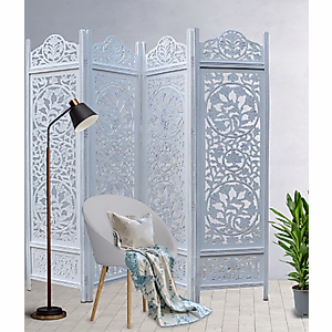 COTTON CRAFT Room Divider Wood Floor Screen - Kamal Antique White 4 Folding Panel 72x80 - Portable Reversible Functional Decorative Partition - Reversible Boho Freestanding Small Spaces Privacy