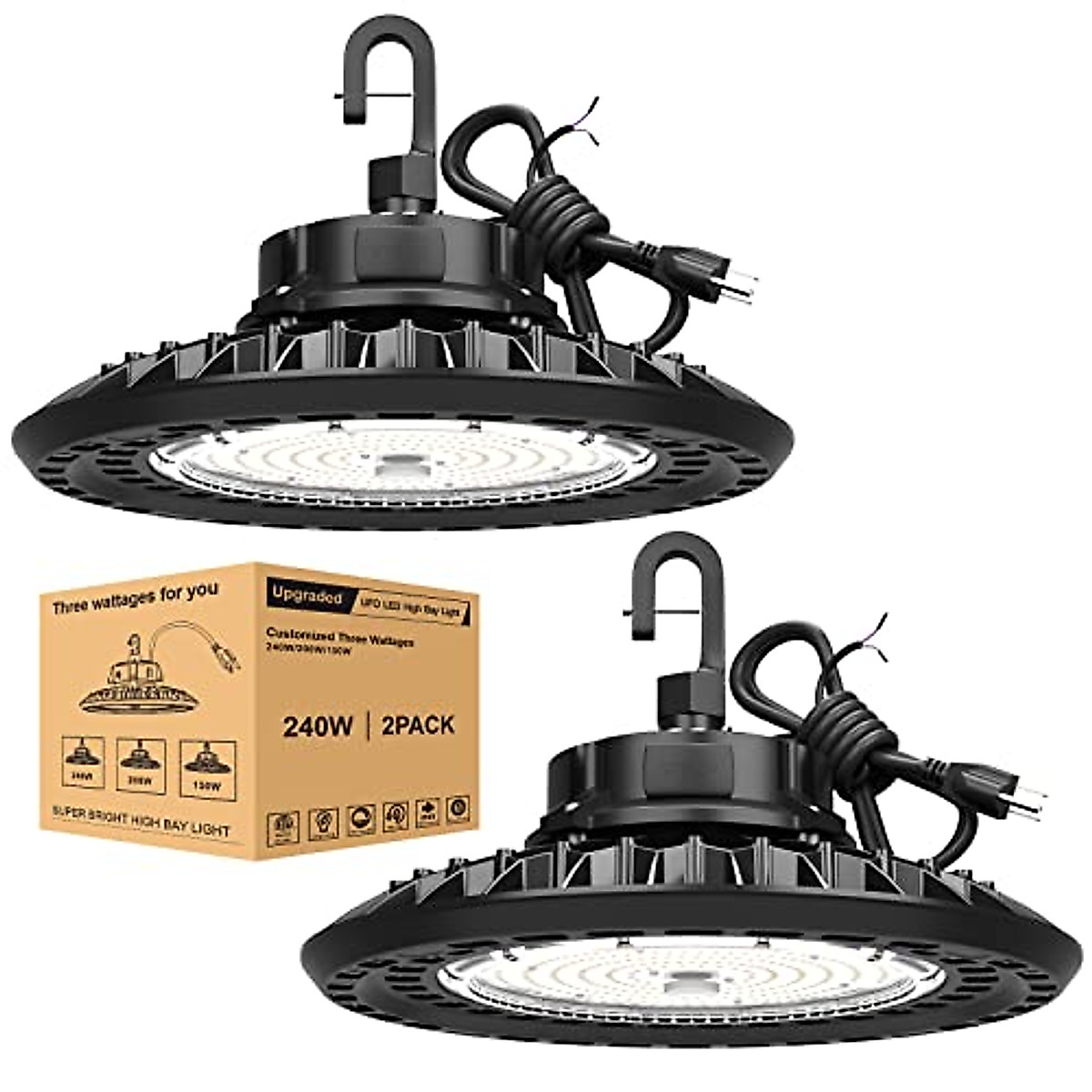 【Upgraded】 UFO LED High Bay Lights 240/200/150W 3-Watts Adjustable Flicker Free -36000LM Super Bright High Bay Shop Lights 5000K, 0-10V Dimmable, 6' Cable, 100-277V for Garage Barn Warehouse(2 Pack)