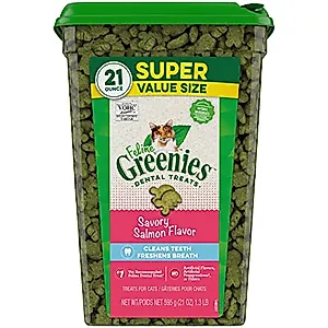 Greenies Feline Adult Natural Dental Care Cat Treats Savory Salmon Flavor, 21 oz. Tub