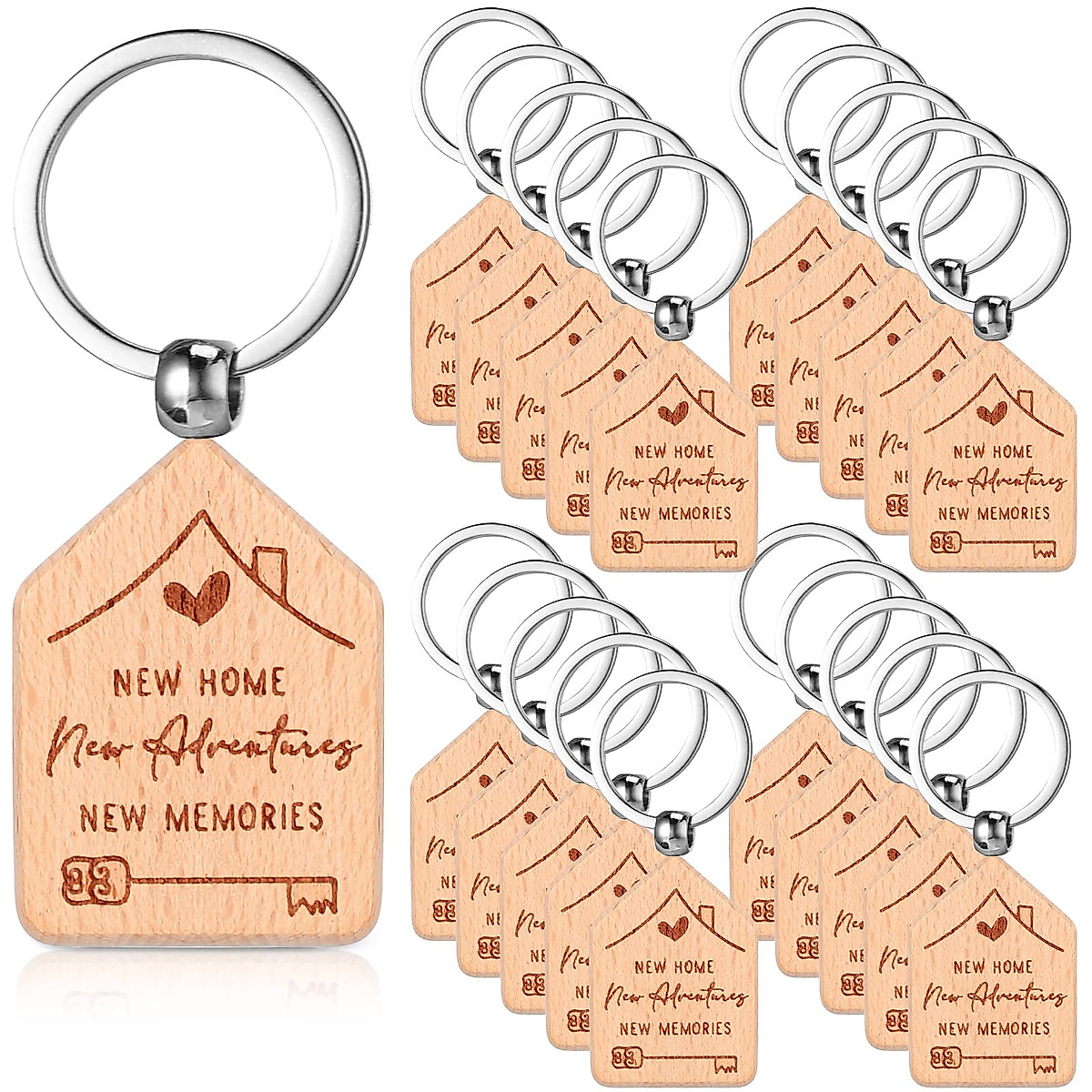 Inbagi 20 Pcs New Home Keychain Bulk Welcome Home Keychain Gifts House Key Chain New Homeowner Engraved Wooden Key Tag Small House Shaped Keychains for Family Client Buyer Customer