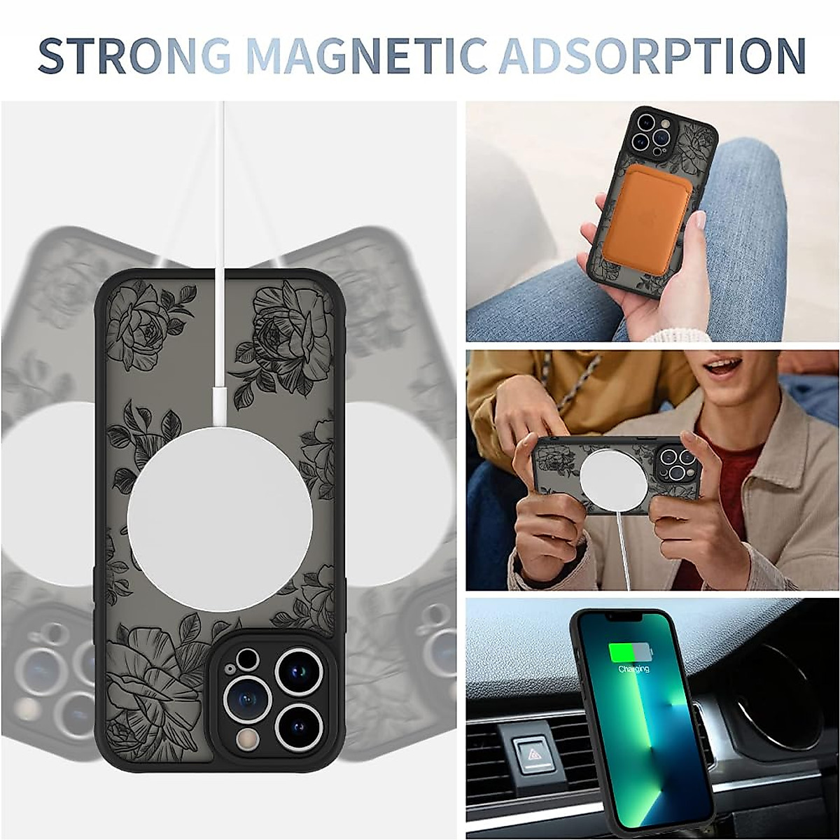 AIGOMARA Case for iPhone 13 Pro Max [Compatible with MagSafe] Black Flower Floral Pattern Design Case for Women Girls Soft TPU Bumper Hard PC Back Anti-Fall Shockproof Protective Magnetic Cover