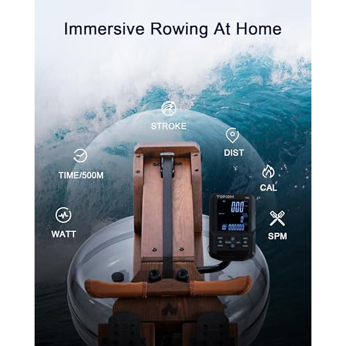 TOPIOM Water Rowing Machine for Home Use, Solid Wood Rower Machine with Upgraded Handle and Adjustable Footpad, TM3 Dedicated Monitor & Bluetooth Connection (Natural Adjust Footpad)