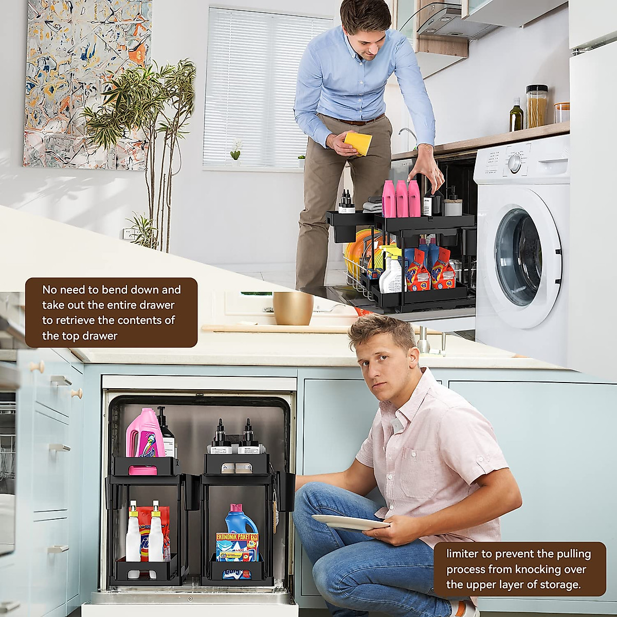 GAOLINE 2 Pack 2 Tier Under Sink Organizers and Storage,Under Bathroom Cabinet Organizer with Hooks Hanging Cup, Double Sliding Drawers Cabinet Basket Organizer for Bathroom, Up to 14.5 inches High