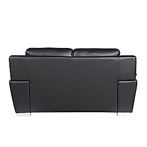 Blackjack Furniture Binion Modern Leather Loveseat for Living Room with Padded Headrests, Stainless Steel Legs & Accent Chrome Trim, Black
