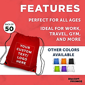 DISCOUNT PROMOS Custom Classic Polyester Drawstring Bags Set of 50, Personalized Bulk Pack - Bring Everywhere You Go, Great for Travelling, Gym and for Everyday Use - Red