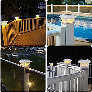 LamQee White Solar Post Caps Solar Post Lights Outdoor Waterproof Warm/Cool White 2 Modes Post Cap Lights for Deck Solar Powered Led Post Cap for Vinyl Fence Post Solar Lights 4X4 8 Packs