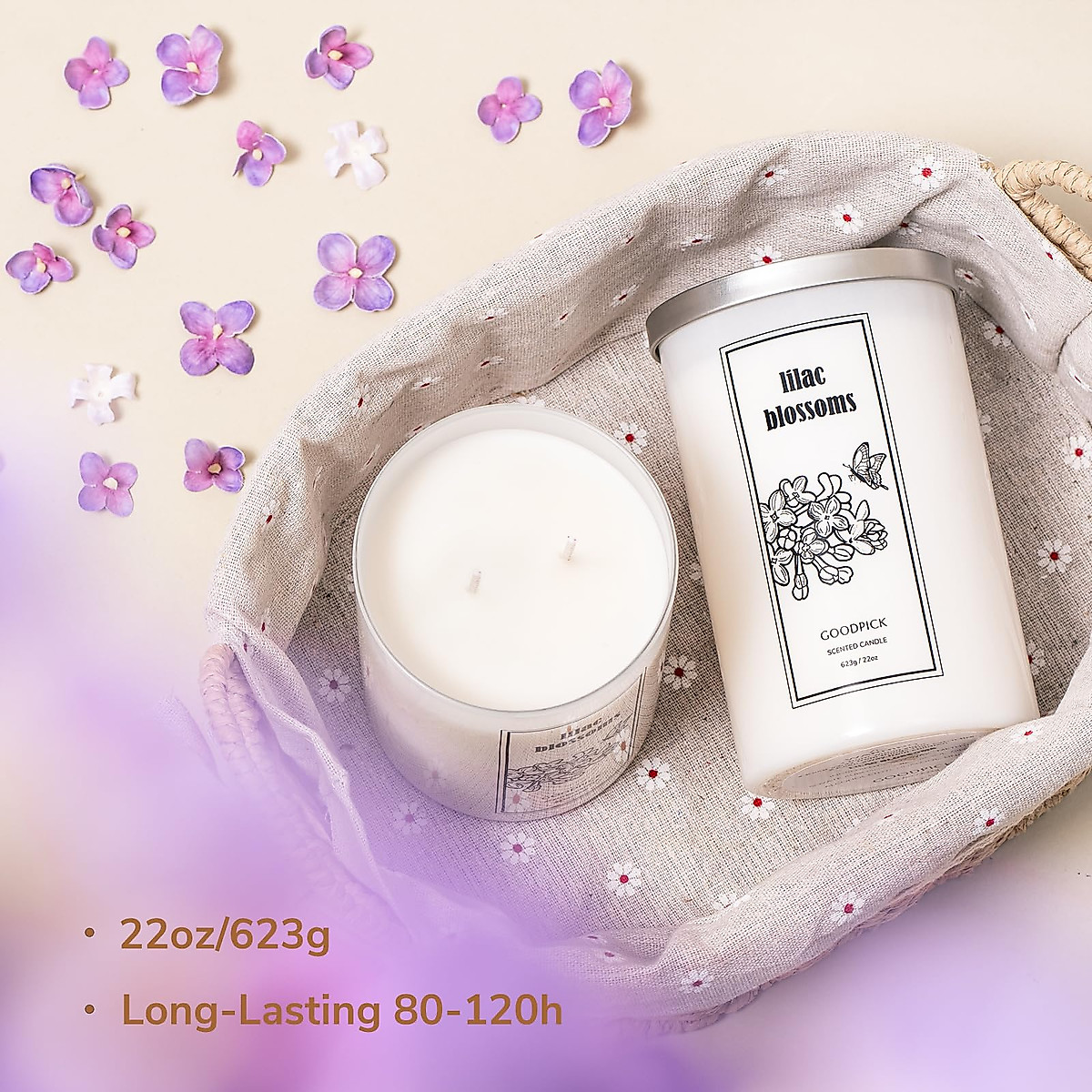 Goodpick Lilac Blossoms Soy Candles, Scented Candle 22 oz, Candles for Home Scented, Large Spring Candle, Gift for Women, Her, Mom, New Home, Graduation, Birthday Gifts, 2 Wicks