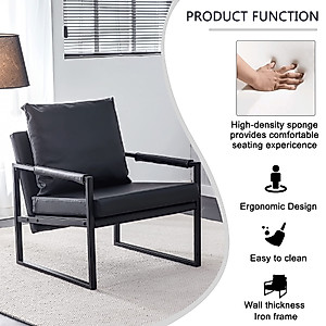 Dvasovio Leather Accent Chair Mid-Century Modern Upholstered Armchair with Metal Frame Extra-Thick Padded Backrest for Office Bedroom Living Room Chair, Black
