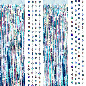 Iridescent Tinsel Foil Fringe Curtains for Birthday Party Photo Backdrop Circle Dots Garland Holographic Backdrop for Disco Euphoria Party Decorations