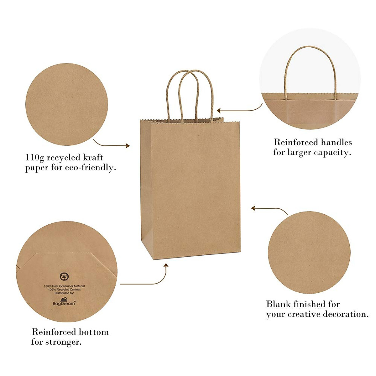 BagDream Small Gift Bags 100Pcs 5.25x3.75x8 Inches Kraft Gift Paper Bags with Handles Bulk, Paper Shopping Bags, Birthday Wedding Party Favor Bags, Brown Gift Bags for Craft Takeouts Business