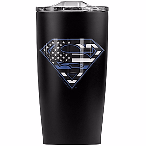 Superman Thin Blue Line Flag Shield Logo Stainless Steel Tumbler 20 oz Coffee Travel Mug/Cup, Vacuum Insulated & Double Wall with Leakproof Sliding Lid | Great for Hot Drinks and Cold Beverages