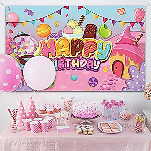 Candyland Birthday Party Decorations Donut Ice Cream Birthday Banner Backdrop Large Sweet Candy Happy Birthday Yard Sign backgroud Candy Themed Birthday Party Indoor Outdoor Car Decorations Supplies