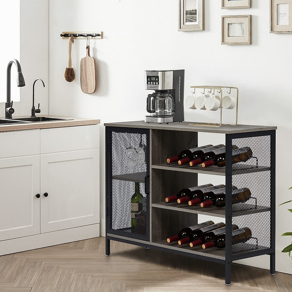 Fashionwu 42 Inches Wine Cabinet with Storage Shelf, Industrial Bar Cabinet with Removable Wine Rack and Glass Holder, Wood Freestanding Wine Rack Cabinet for Liquor and Glasses(Gray)