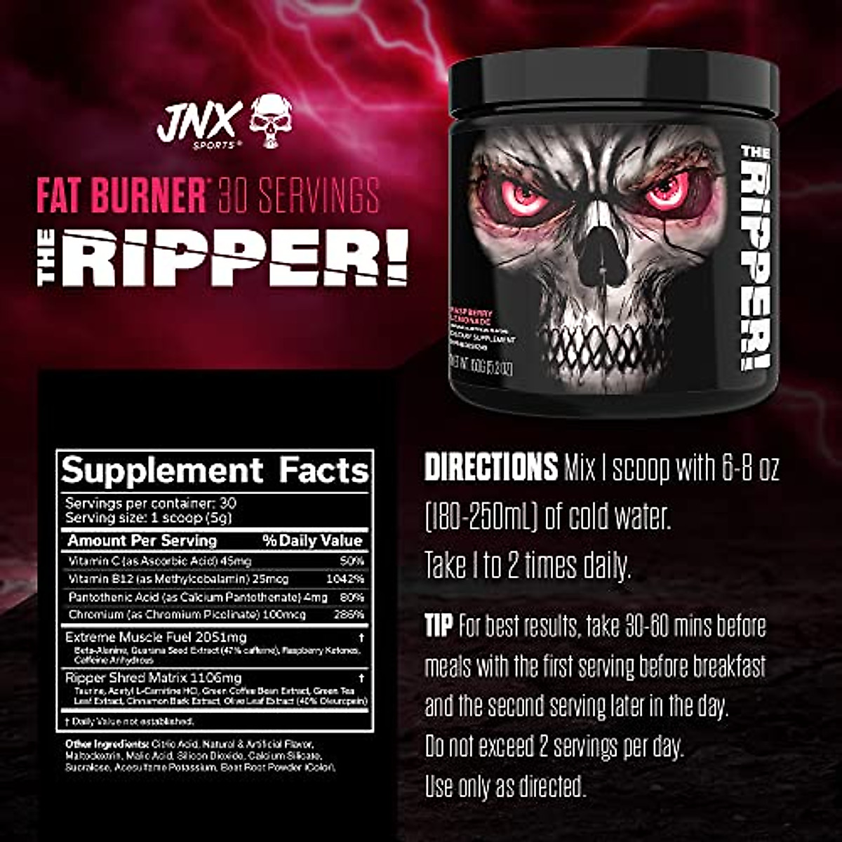 JNX SPORTS The Ripper! Fat Burner Dietary Supplement with Super Thermogenesis, Appetite Control & Extreme Energy, Men & Women | Raspberry Lemonade | 30 SRV