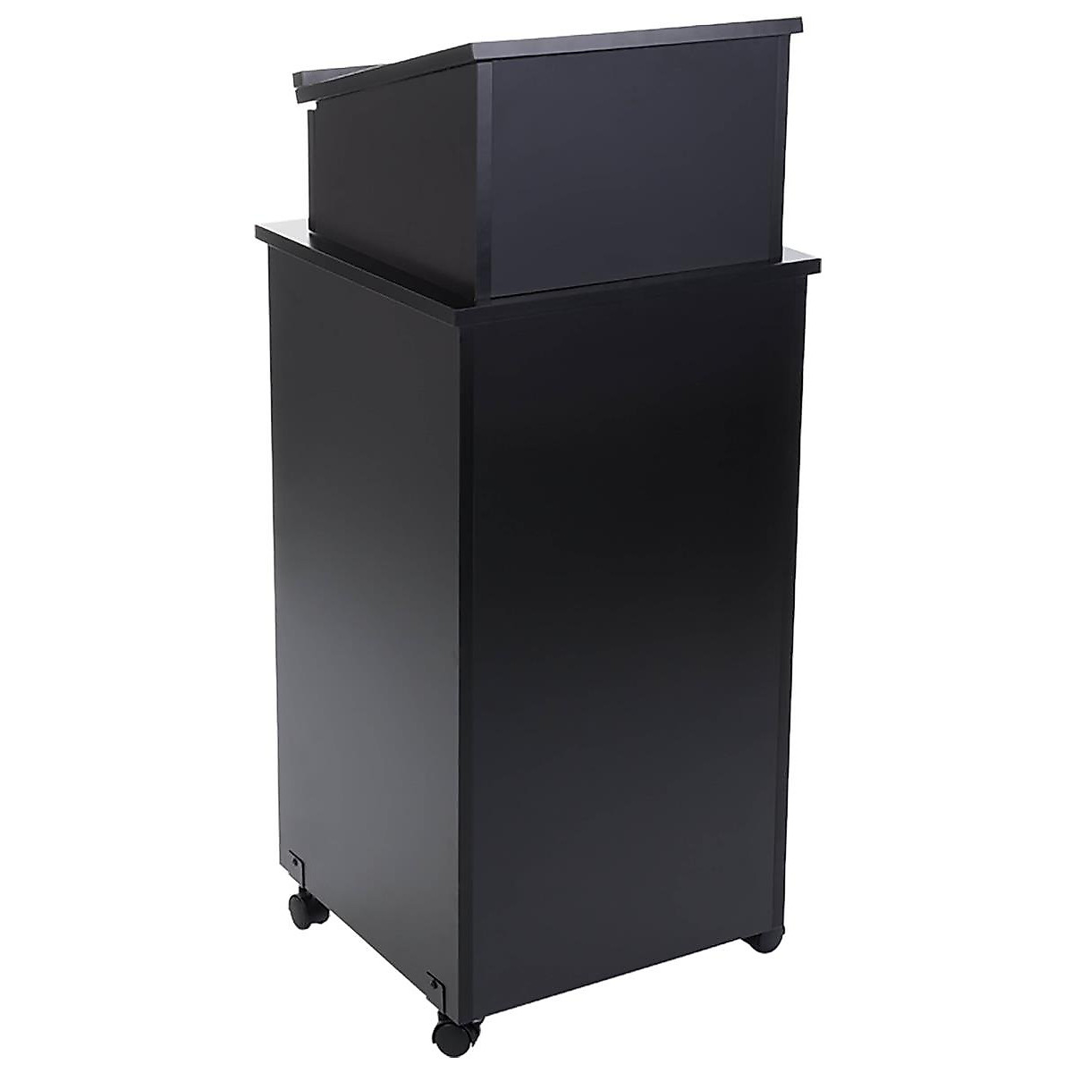 Displays2go Black Speaker Lectern, Elevated Reading Surface, Enclosed Storage Area, Melamine MDF – Black (LCTTBLRBKD)