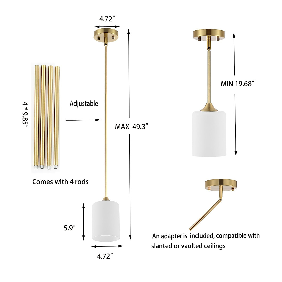 BYOLIIMA Modern Gold Pendant Light 3 Pack Brushed Brass Mid Century Chandelier White Cylinder Glass Shades Adjustable Rods Farmhouse Ceiling Hanging Lighting Fixture Kitchen Island Dining Room Bedroom