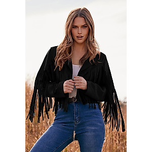 PRETTYGARDEN Women's Fringe Faux Suede Leather Jackets 2025 Fashion Tassel Motorcycle Cropped Coats (Black,Large)