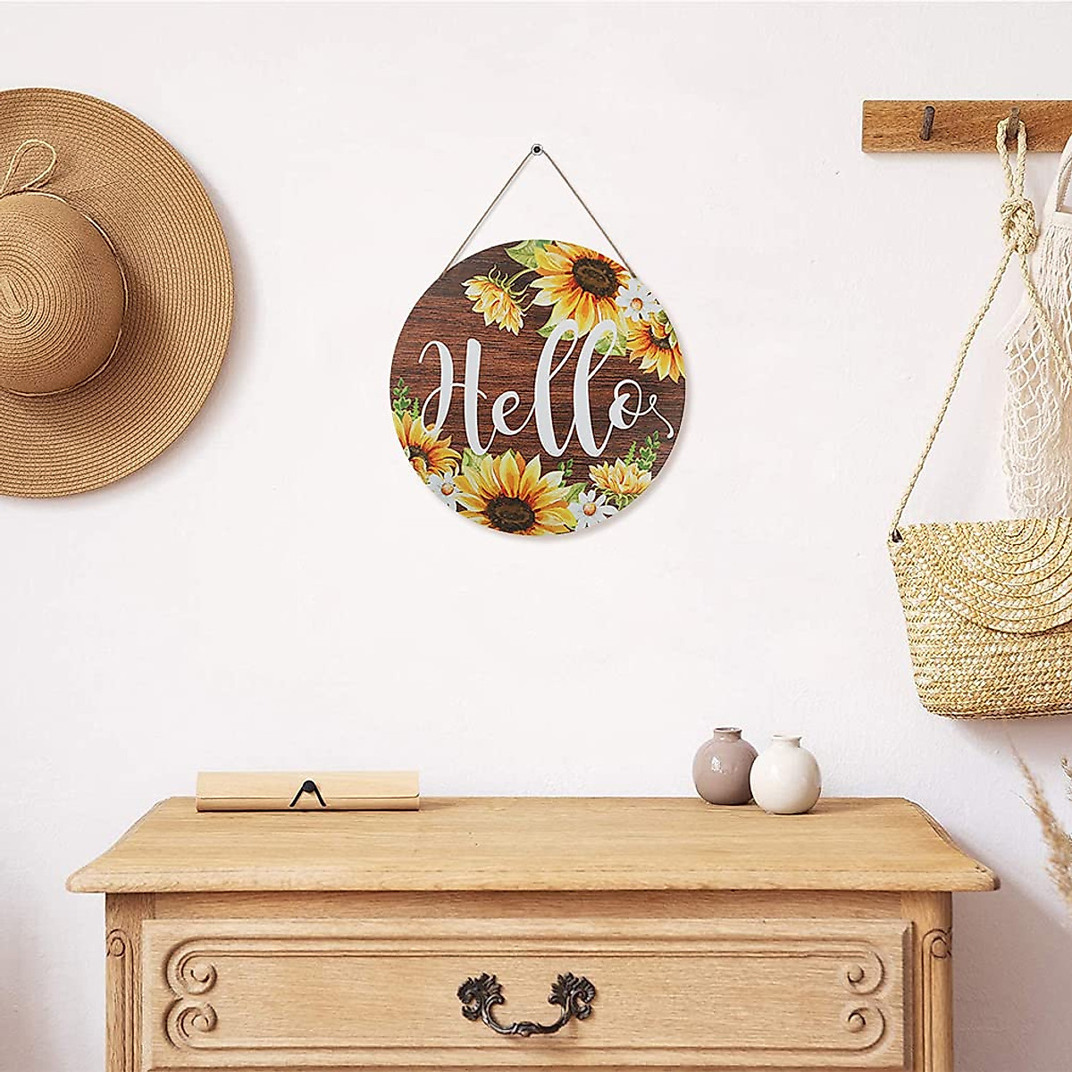 CHDITB Sunflower Welcome Sign Wreath (12''x12''), Rustic Wooden Hello Front Door Decoration Wall Hanging, Round Sunflower Wreaths for Front Door Home Office Farmhouse