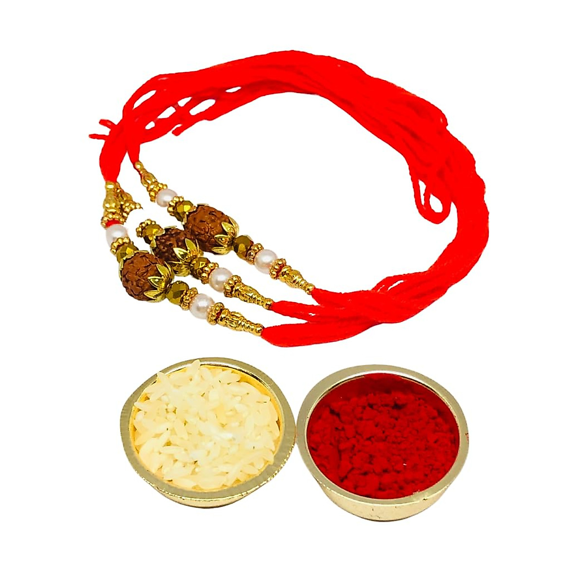 KHANDEKAR Set of 3 Pc Single Rudraksha Rakhi for Brother Bhaiya Bhabhi Traditional Handmade Premium Quality Designer Rakhi Set with Roli Chawal, Rakhi Thread Rakhdi Bracelets