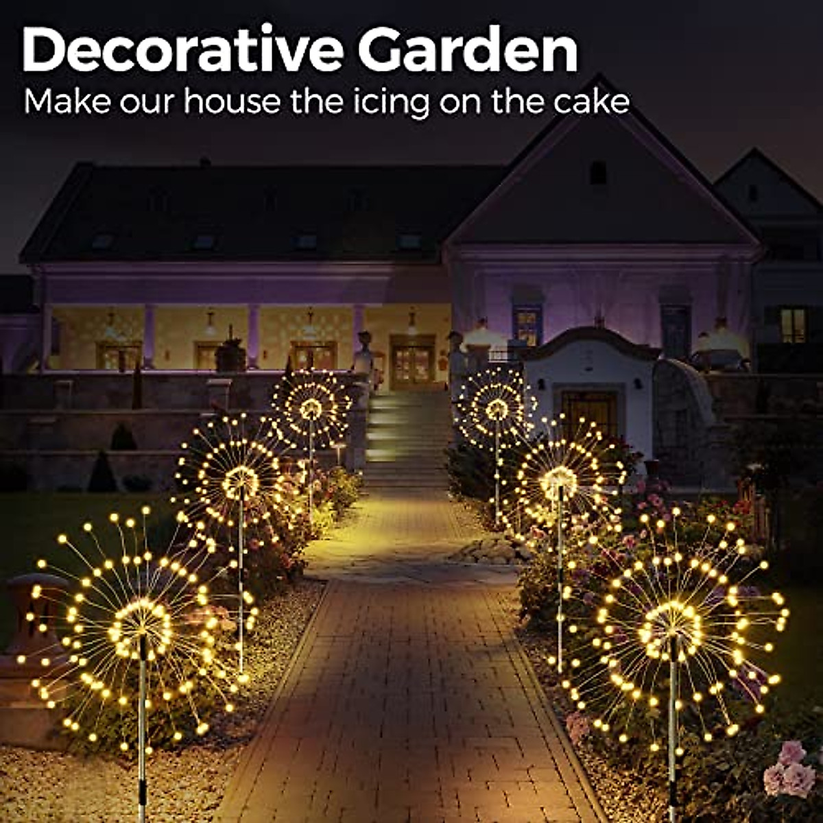 8 Packs Outdoor Solar Firework Lights with Remote 8 Modes 120 Led Waterproof Solar Warm White Garden Firework Lamp Decorative Stake Landscape Light for Pathway Patio Lawn Yard Wedding Party Decor