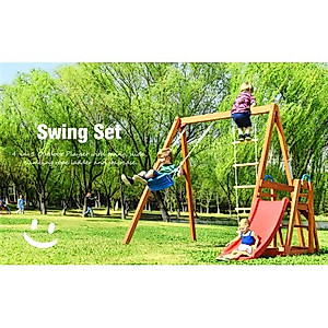 Kiriner Wooden Swing Set with Slide, Outdoor Playset Backyard Activity Playground Climb Swing Outdoor Play Structure for Toddlers, Ready to Assemble Wooden Swing-N-Slide Set Kids Climbers