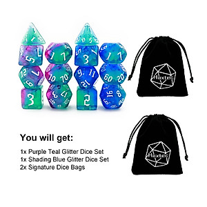 Haxtec 14PCS Glitter DND Dice Set Purple Blue Polyhedral RPG Dice for Dungeons and Dragons Gift