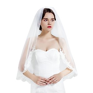 BEAUTELICATE Wedding Bridal Veil with Comb 1 Tier Lace Applique Edge Fingertip Length 36" Ivory