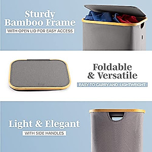 Lonbet - Gray Small Laundry Hamper With Lid - Collapsible Laundry Baskets - Hampers for Laundry - Laundry Room Organization - 13.2 Gal. (1-2 Loads) - 100% Free Plastic - Eco-Friendly Fabric Bamboo