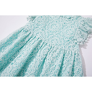 Csbks Toddler Girls Cute Pompoms Lace Floral Elegant Retro Swing Party Dress Blue-Green 130