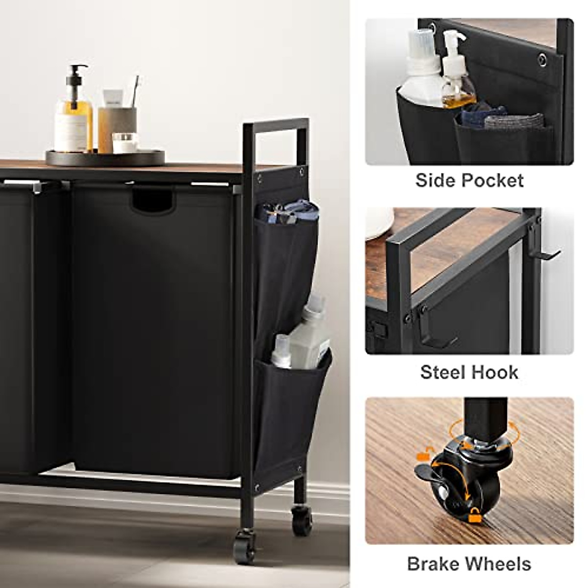 WOWLIVE Double Laundry Hamper with Lid,Rolling Laundry Basket Organizer with Wheels, Iron-Made Laundry Sorter with Top Shelf and 2 Removable Bags,Large Capacity Laundry Storage for Room,Black