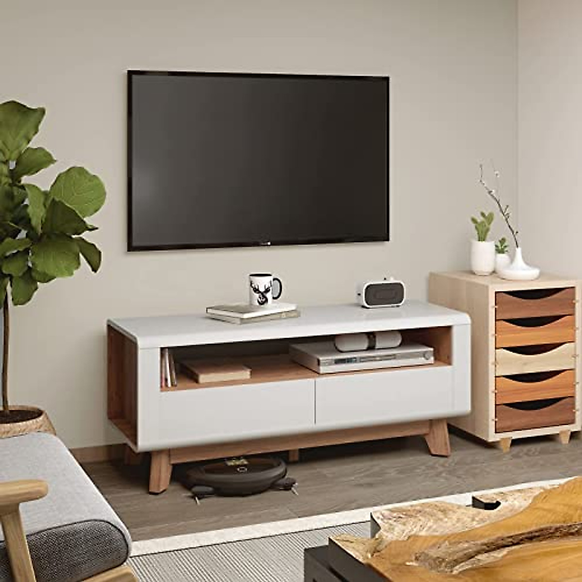 Tangkula Modern TV Stand with Drawers, Wood Entertainment Center for TVs up to 50 Inch, Media Console with 2 Drawers & Open Shelf, Extra Support Leg, TV Console Table Coffee Table for Living Room
