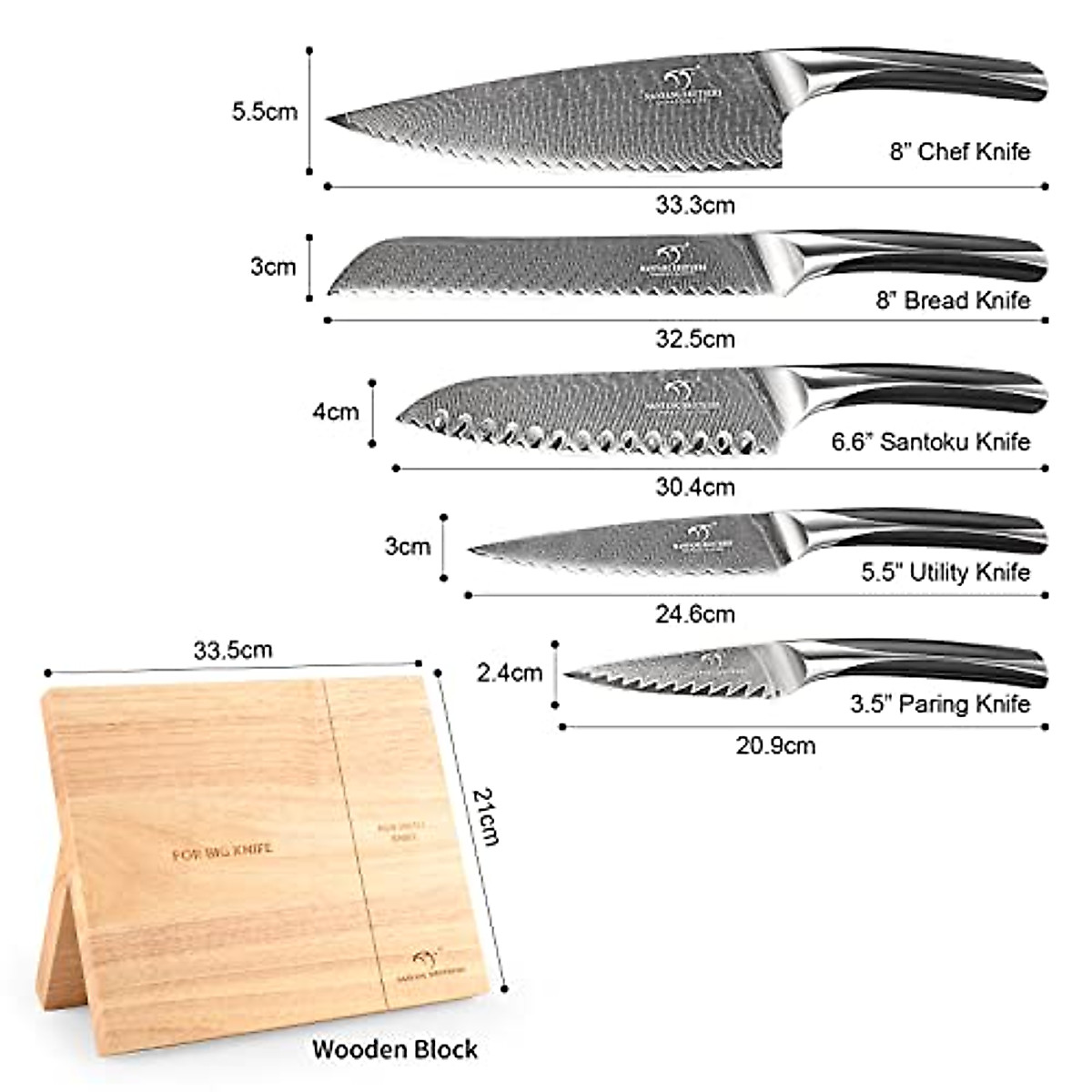 Damascus Kitchen Knife Set, NANFANG BROTHERS 6-Piece Damascus Steel VG10 Kitchen Knife Set with Wood Magnetic Knife Holder Block Professional Chef's Knife with Sharp Blades and ABS Ergonomic Handle