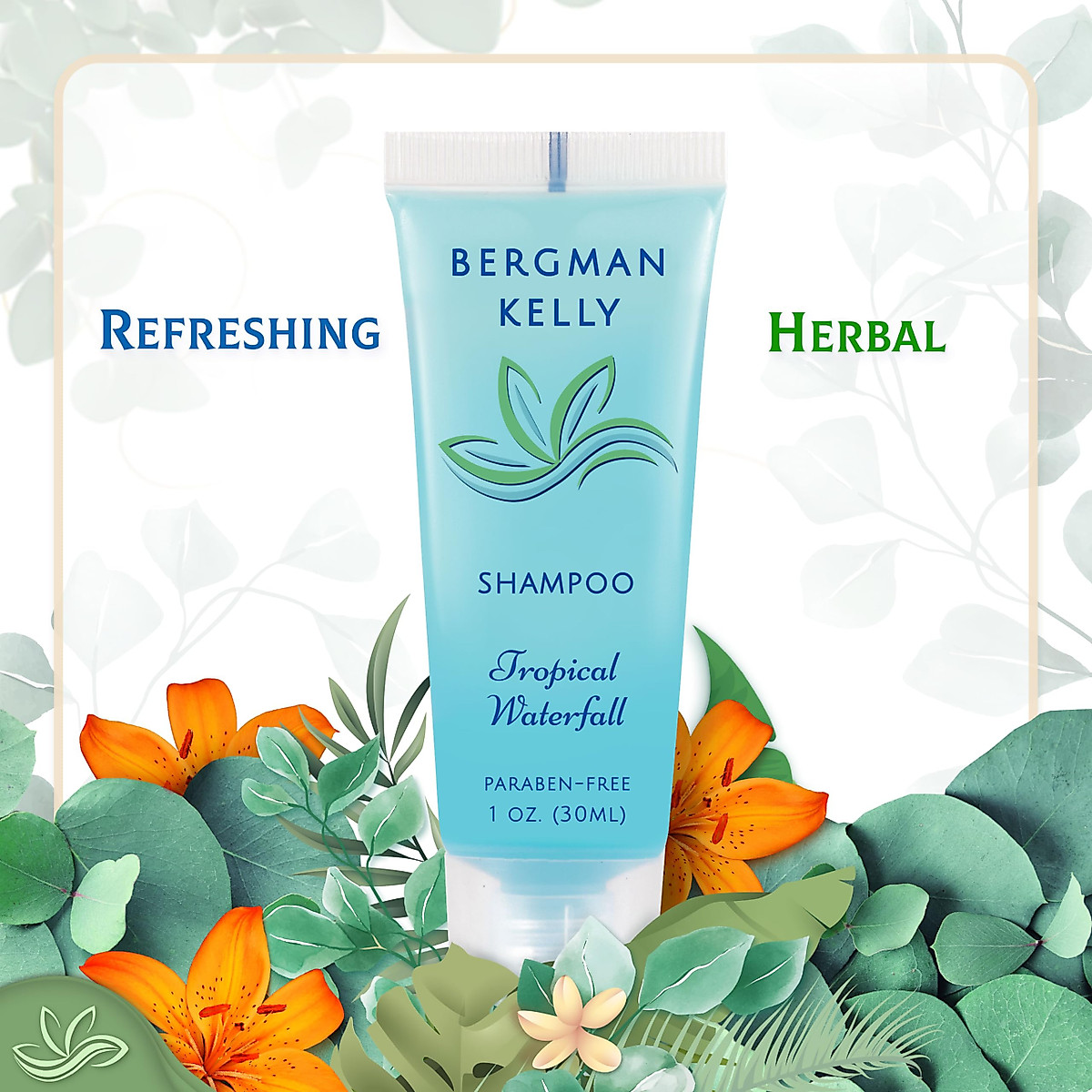 BERGMAN KELLY Travel Size Hotel Shampoo (1 fl oz, 100 PK, Tropical Waterfall), Delight Your Guests with Invigorating and Refreshing Shampoo Hotel Amenities, Mini & Small Size Luxury Shampoo in Bulk