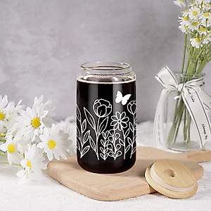 GSPY Floral with Butterfly Iced Coffee Cup, 16oz Iced Coffee Glasses with Lids and Straws - Cute Glass Cups, Aesthetic Cup, Glass Tumbler - Birthday, Mothers Day Gifts for Women, Coffee Lovers