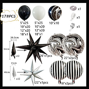 Woaipati 178 PCS Black and White Balloon Garland Arch Kit with Striped Balloons,4D Agate Balloons and Explosion Star Foil Balloons for Men or Women's Birthday,Wedding,Disco Party Decorations Supplies