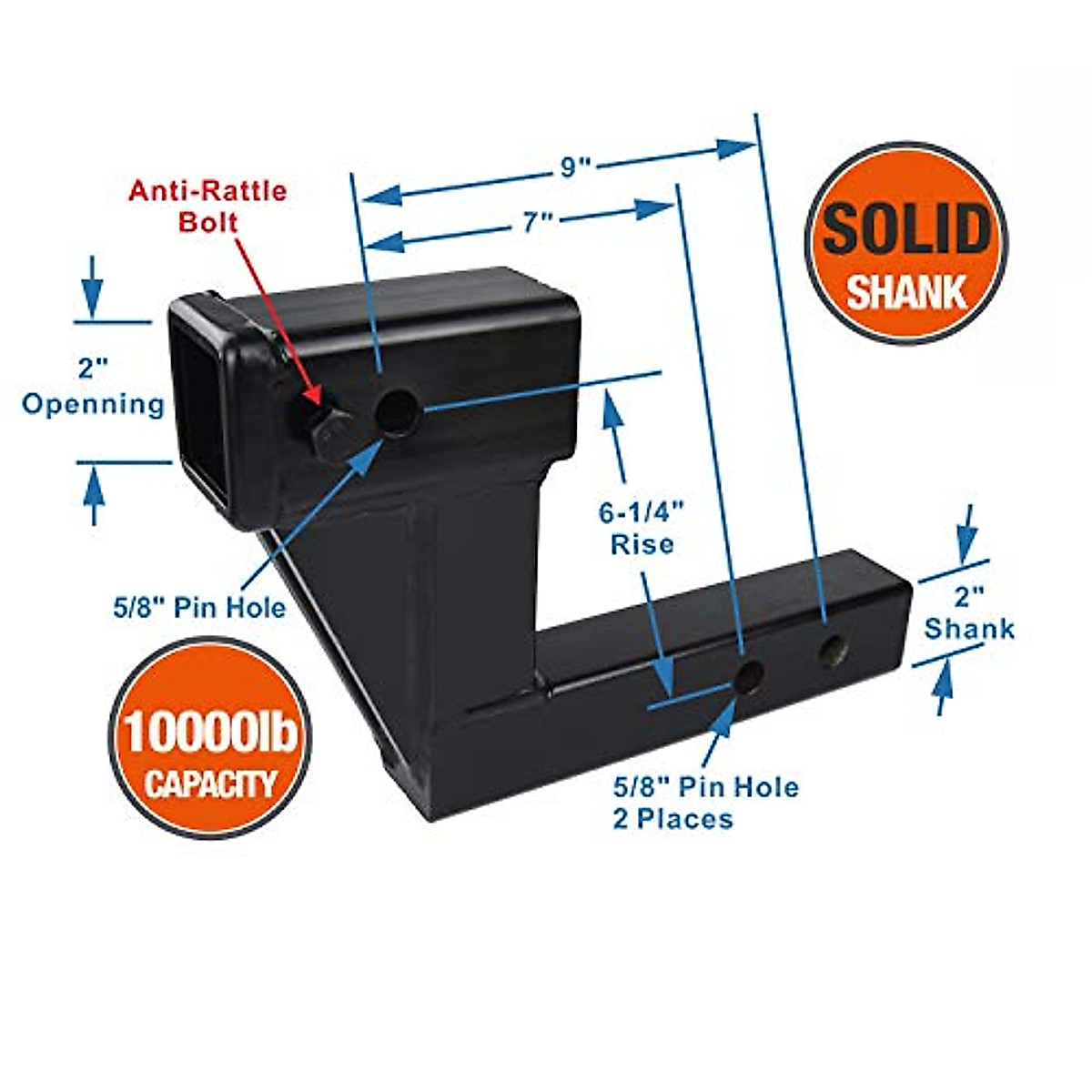 TOPTOW Trailer Hitch Extender Adapter 6" Riser/Drop, 2" Receiver, 2-in Shank, 10000lbs Capacity, with Black Hitch Lock…