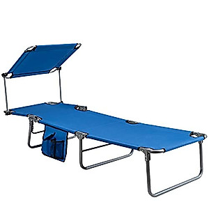 Giantex Lounge Chaise Chair Position and Shade Adjustable W/Canopy and Storage Pocket Folding Cot Recliner for Garden, Yard, Pool Side and Beach Sunbathing Folding Lounge Chairs(1, Navy)