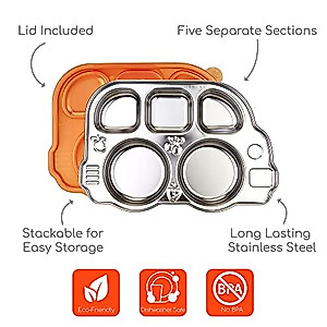 Innobaby Stainless Bus Plate with Airtight Sectional Lid, The Original, Leak-Resistant Divided Platter, Mom Invented Fun Shape Plate Din Din SMART for Babies, Toddlers and Kids, BPA Free Plate, Orange