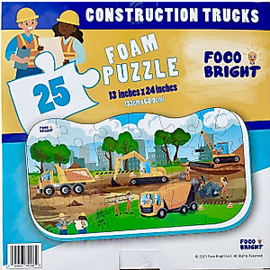 Construction Trucks Foam Puzzle -Excavator, Crane Truck, Cement Mixer, Dump Cones and Workers- Educational Truck Floor for Kids - 25 Pieces Bright! Yellow, Orange, Green Zone Kids! 13x24 inches