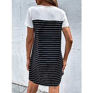 SOLY HUX Women's Striped Short Sleeve Tshirt Dresses Colorblock Button Summer Dress Black and White